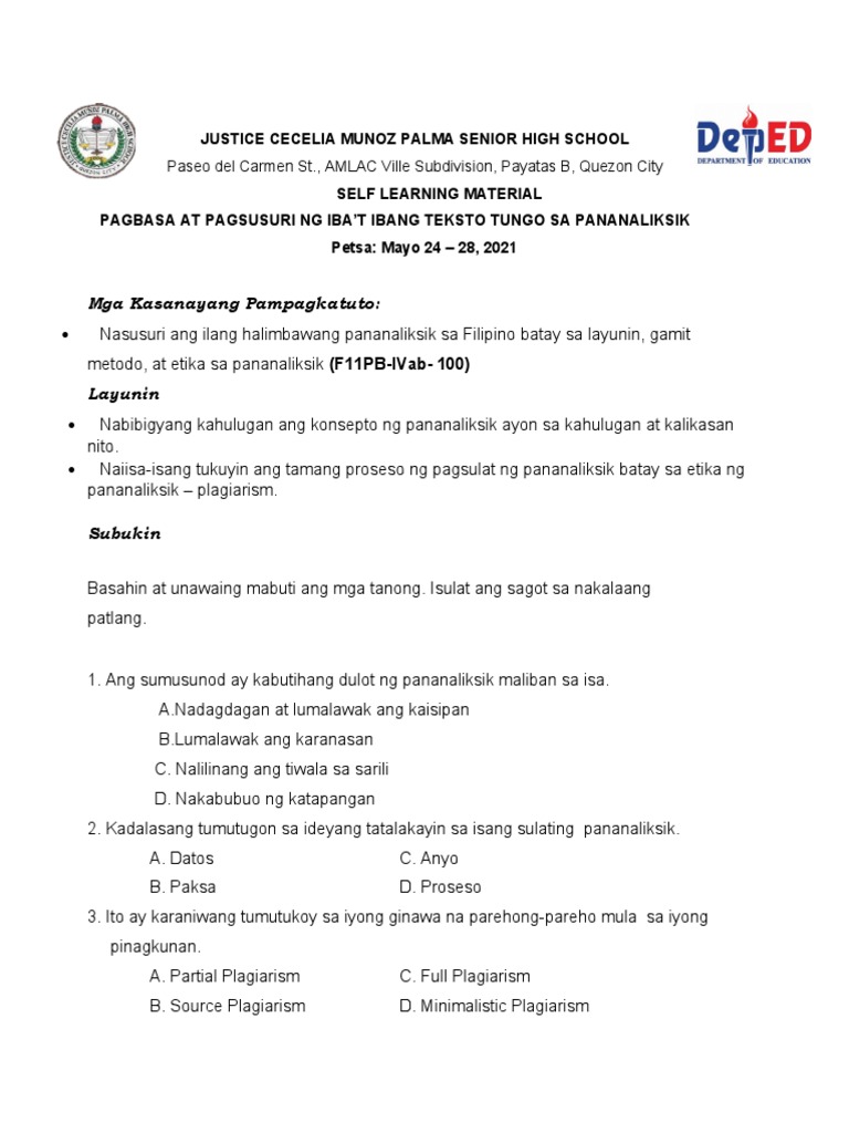 Grade 11 Pagbasa Q4 Week 2 | PDF