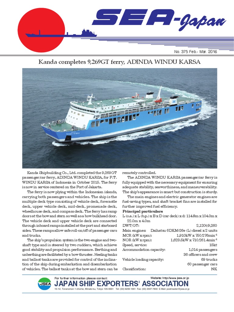Kanda Completes 9,269GT Ferry, ADINDA WINDU KARSA: Japan Ship Exporters ...