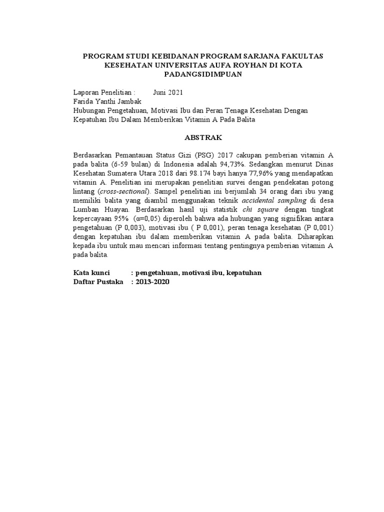 PENGETAHUAN, MOTIVASI DAN PERAN TENAGA KESEHATAN TERHADAP KEPATUHAN IBU DALAM PEMBERIAN VITAMIN ...