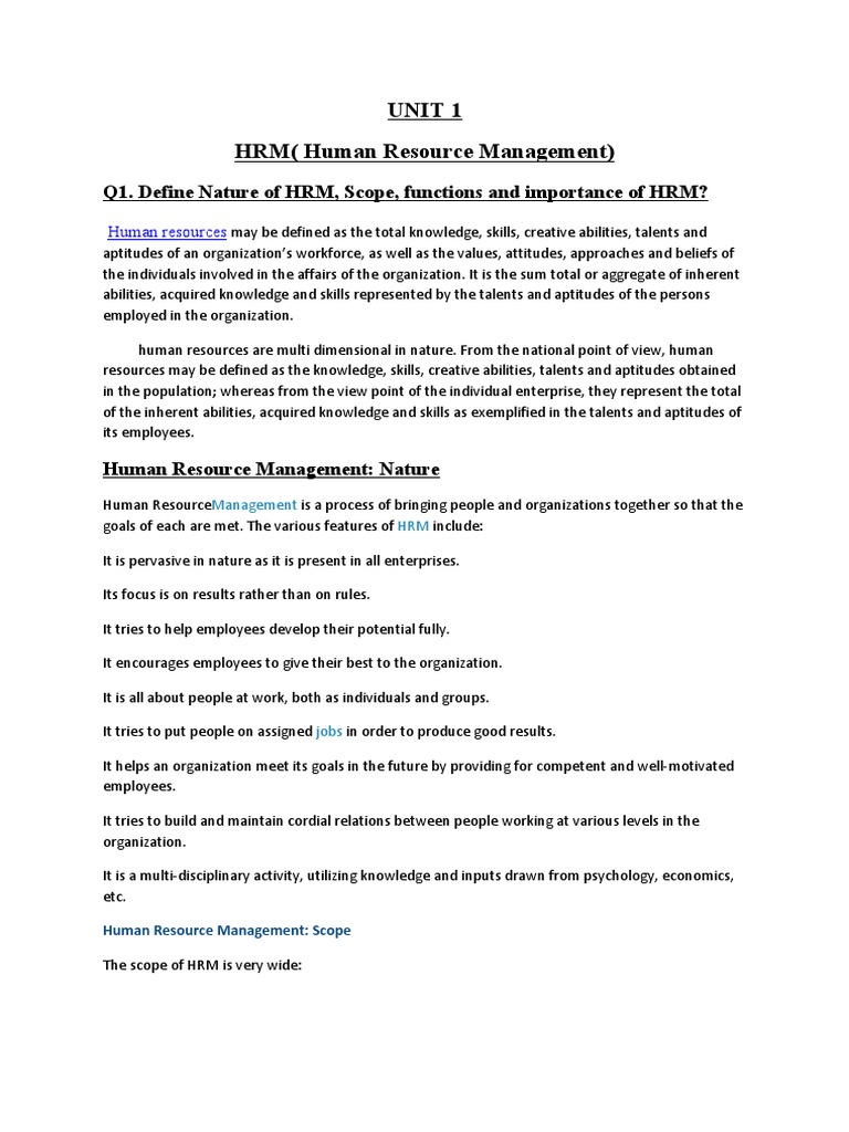 Unit 1 HRM (Human Resource Management) : Q1. Define Nature of HRM ...