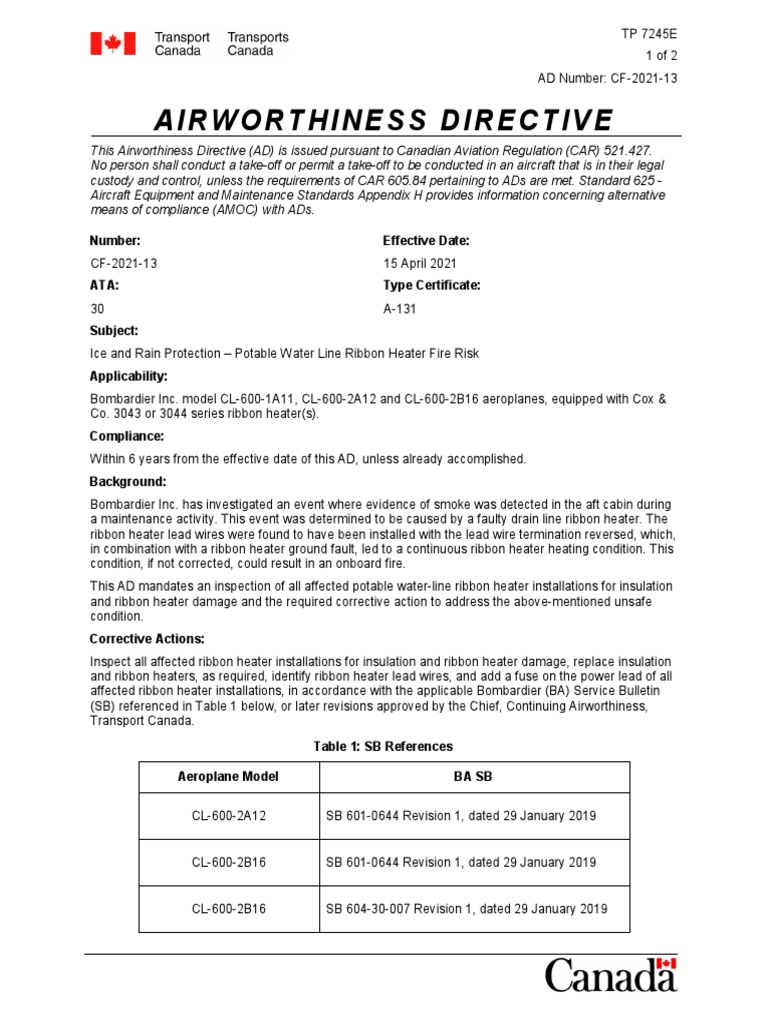 Airworthiness Directive: Number: Ata: Effective Date: Type Certificate ...
