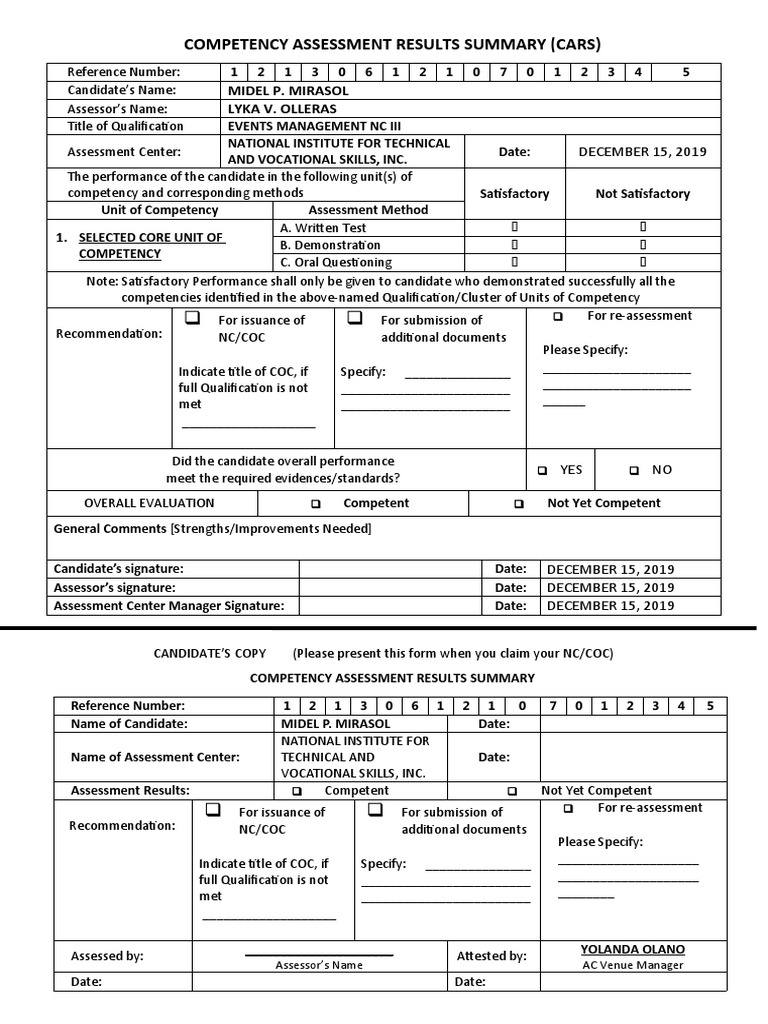 Competency Assessment Results Summary (Cars) : Midel P. Mirasol Lyka V. Olleras | Download Free ...