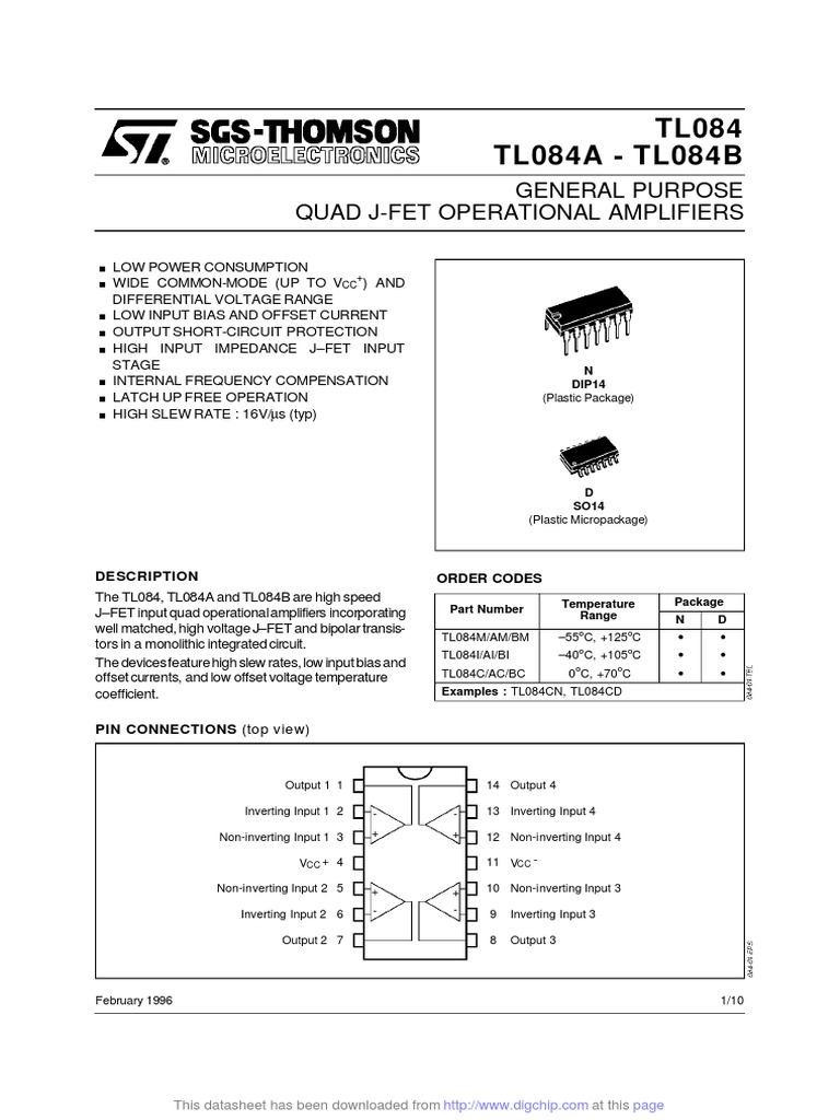 TL084 TL084A - TL084B: General Purpose Quad J-Fet Operational Amplifiers | PDF | Operational ...