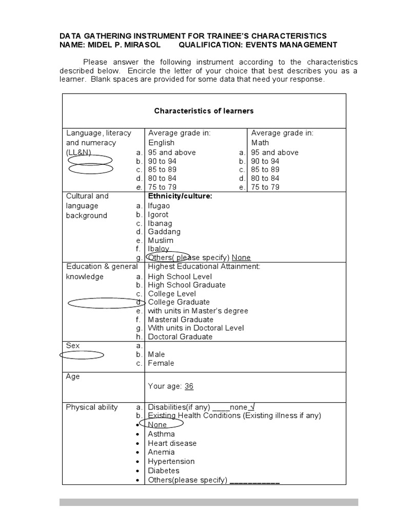 Data Gathering Instrument For Trainee'S Characteristics Name: Midel P. Mirasol Qualification ...