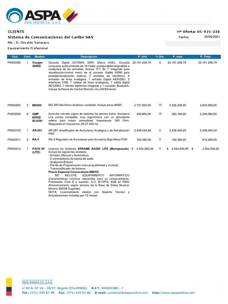 Presupuesto V21-226 ASPA ANDINA (Equipam Profesional) | PDF | Sistema operativo | Auriculares