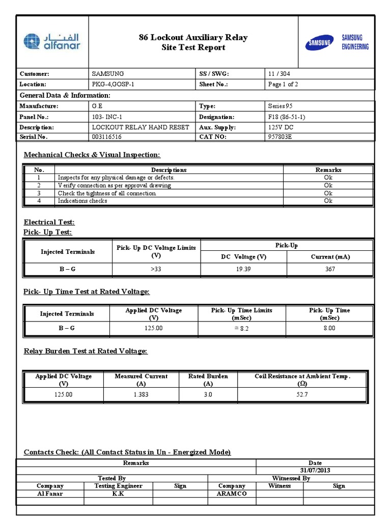 86 Lockout Auxiliary Relay Site Test Report: Mechanical Checks & Visual ...