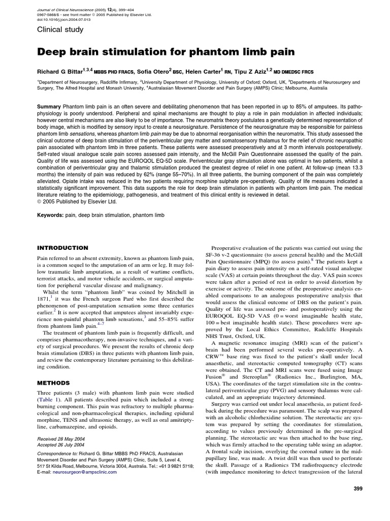 Artículo Deep Brain Stimulation For Phantom Limb Pain | PDF | Pain ...
