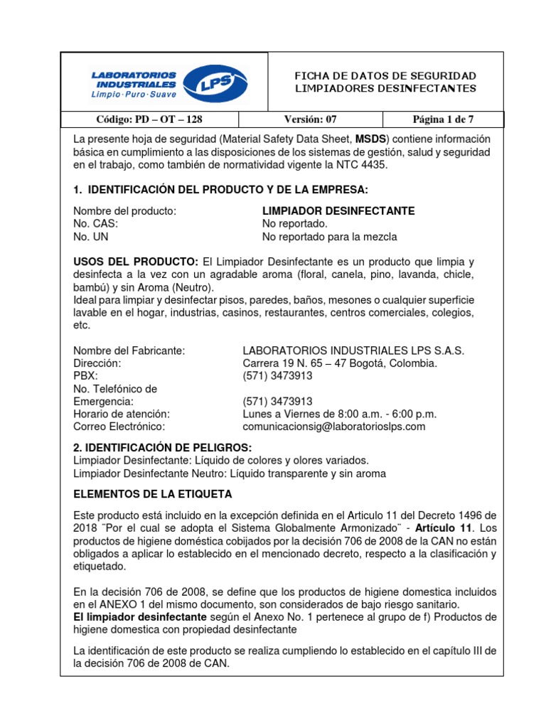 Pd-Ot-128 Ficha de Datos de Seguridad Limpiador Desinfectante | PDF | Agua | Química