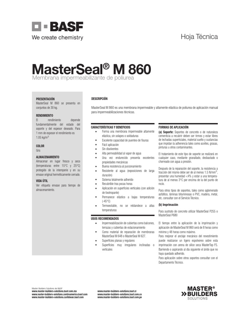 BASF MasterSeal M 860 - Ficha Técnica | PDF | Agua | Hormigón