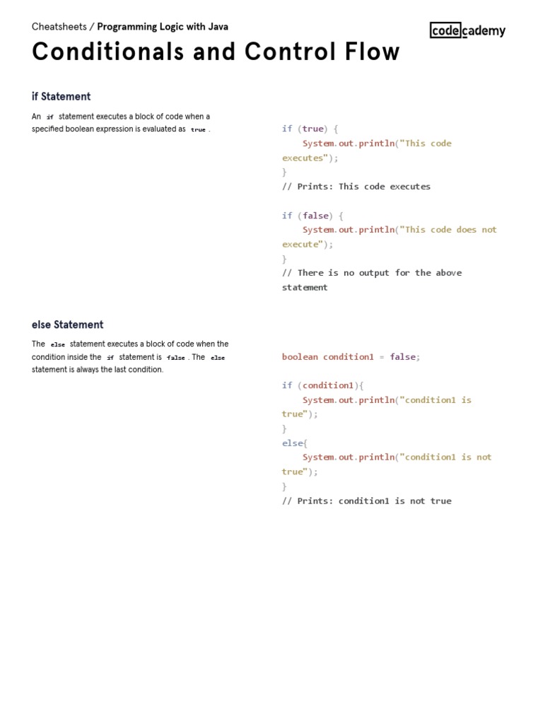 Programming Logic With Java - Conditionals and Control Flow Cheatsheet - Codecademy | Download ...
