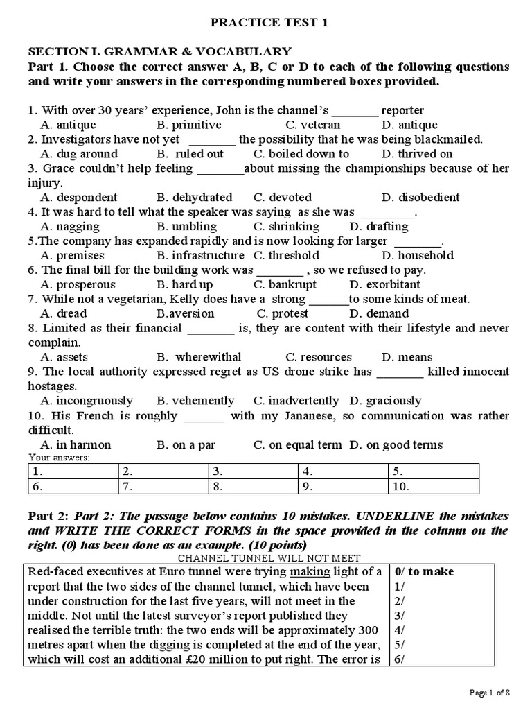 Practice Test 1: A Comprehensive Grammar, Vocabulary and Reading ...