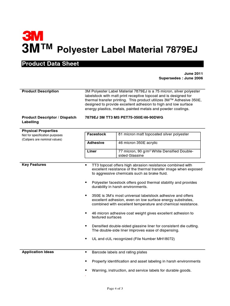 Polyester Label Material 7879EJ: Product Data Sheet | PDF | Adhesive ...