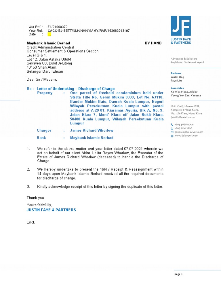Maybank letter undertaking discharge charge property | PDF