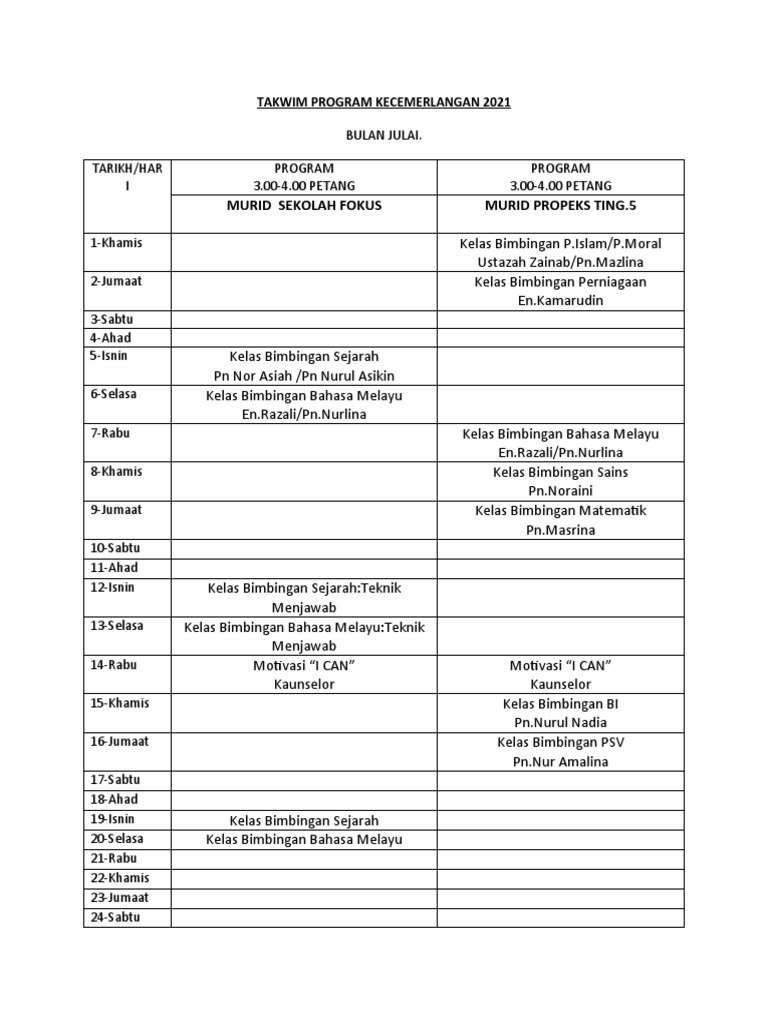 Takwim Program Kecemerlangan 2021 A | PDF