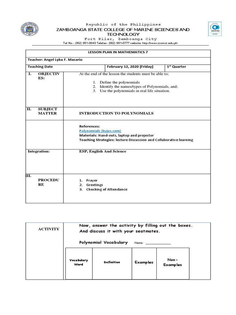 Lesson Plan for Polynomials Class 7 | PDF | Polynomial | Variable ...