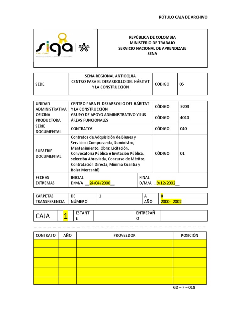 040-01 GD-F-018 Rotulo Caja de Archivo Serie 01 | PDF