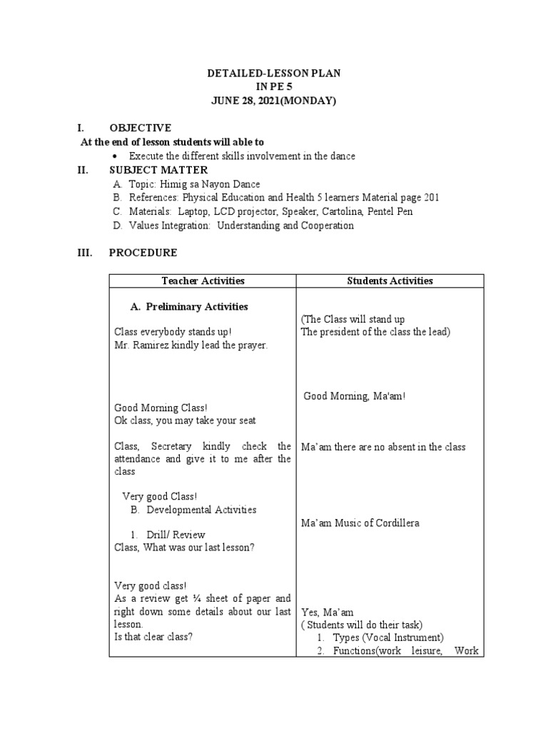 Himig sa Nayon Dance Lesson Plan | PDF | Dances | Physical Education