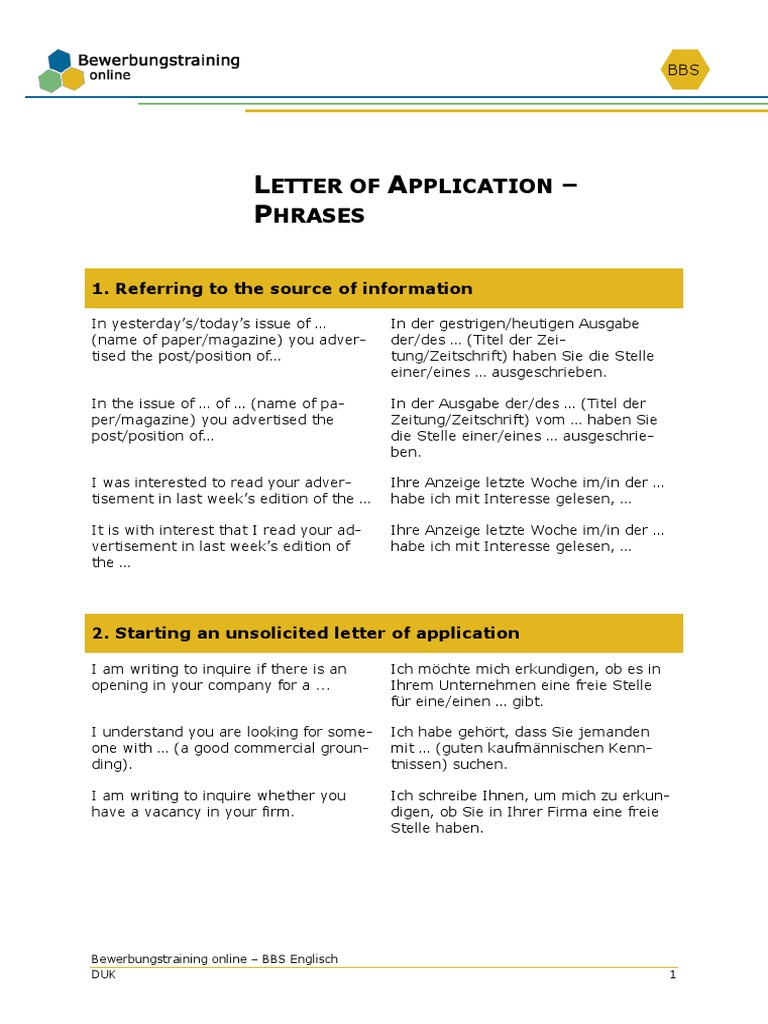 Letter of Application - Phrases | PDF