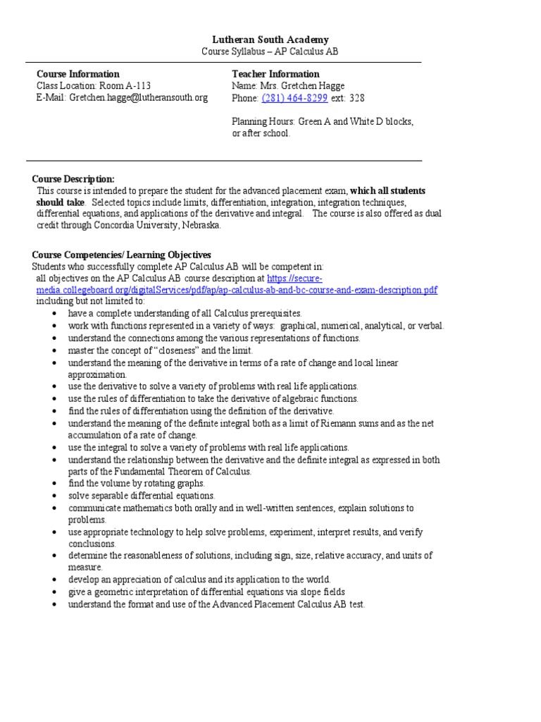 Calculus AB Syllabus 21-22 | PDF | Integral | Derivative