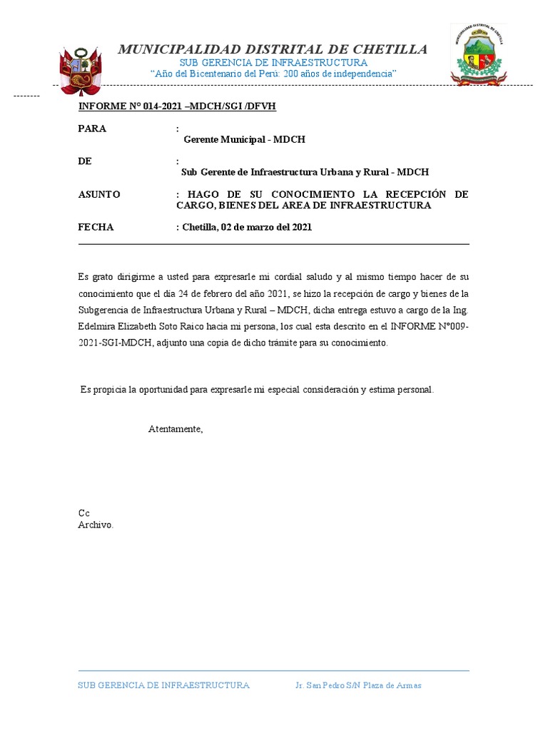 Informe #0014-2021 - Hago de Su Conociemiento Recepcion de Cargo | PDF