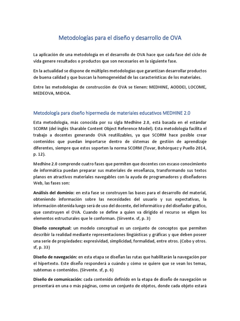 Metodolog°as para El Dise o y Desarrollo de OVA | PDF | Diseño | Ingeniería de software