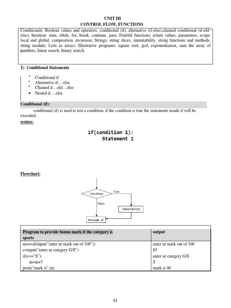 Unit Iii Control Flow Functions Alternative If Else Chained If Elif Else Nested If Else Pdf 2836