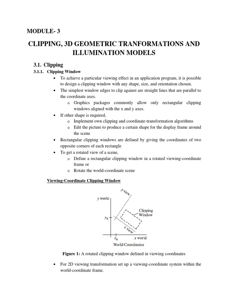 Clipping, 3D Geometric Tranformations and Illumination Models | PDF ...