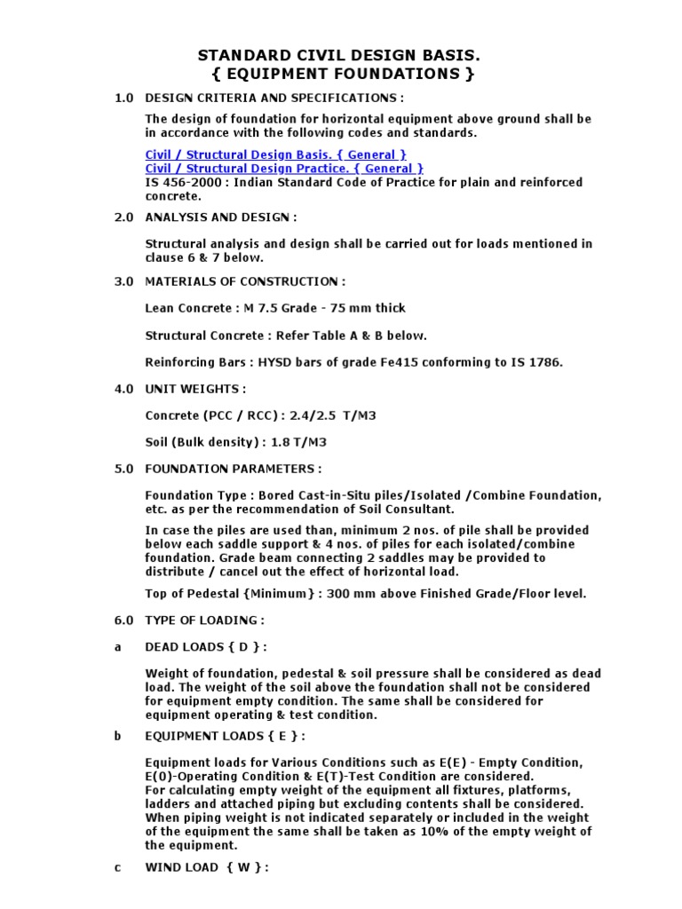Standard Civil Design Basis - Equipment Foundations | PDF | Deep ...
