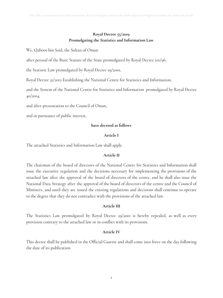 Royal Decree 55/2019 Promulgating The Statistics and Information Law ...
