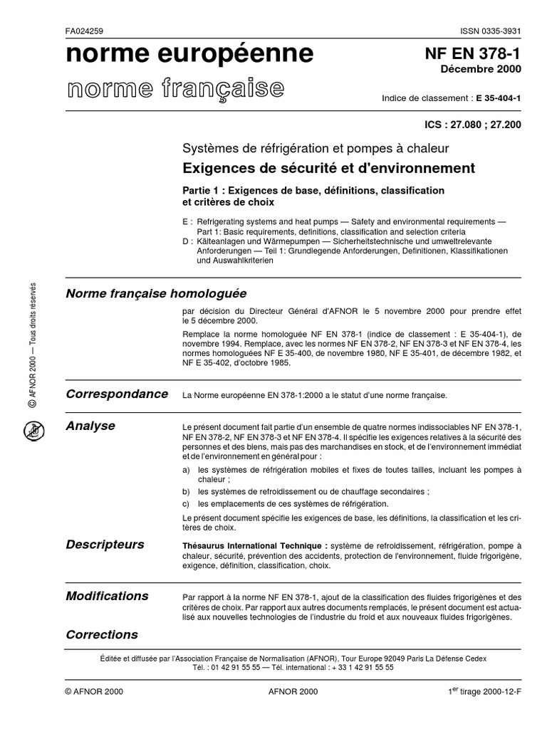 Norme Européenne: NF EN 378-1 | PDF | Réfrigération | Effet de serre
