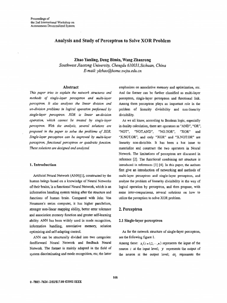 Analysis and Study of Perceptron To Solve Xor Problem | PDF ...