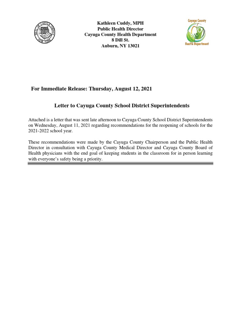 CCHD Letter To Superintendents | PDF | Health Sciences | Epidemiology