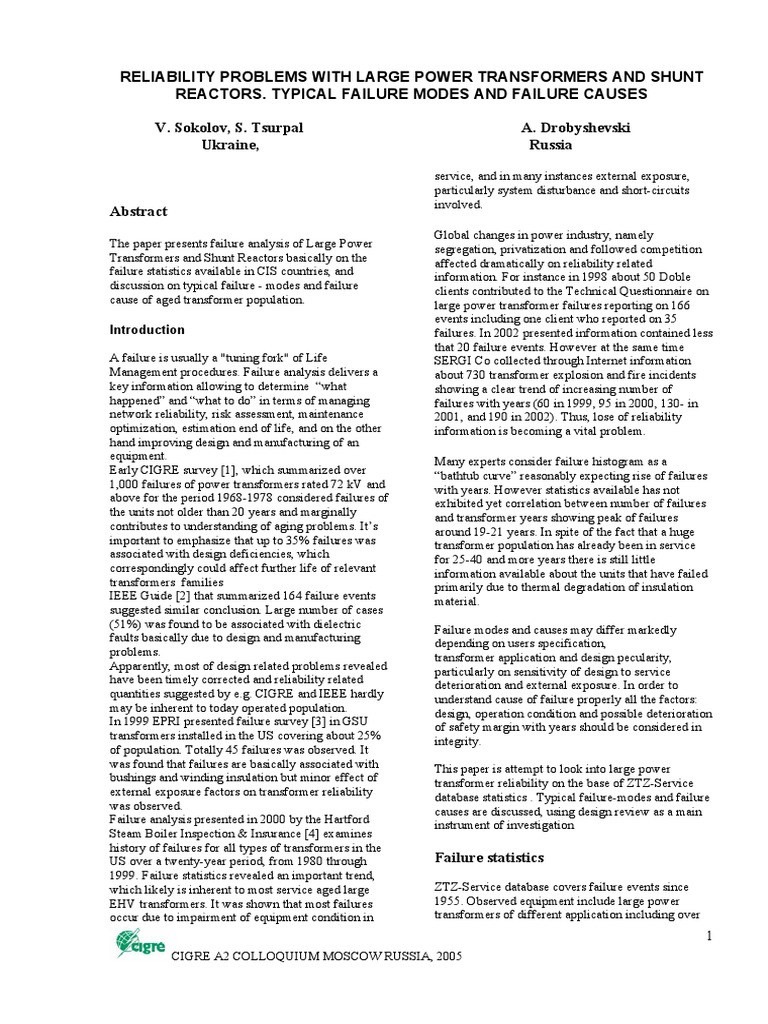 Reliability Problems With Lange Power Transformers and Shunt Reactors ...