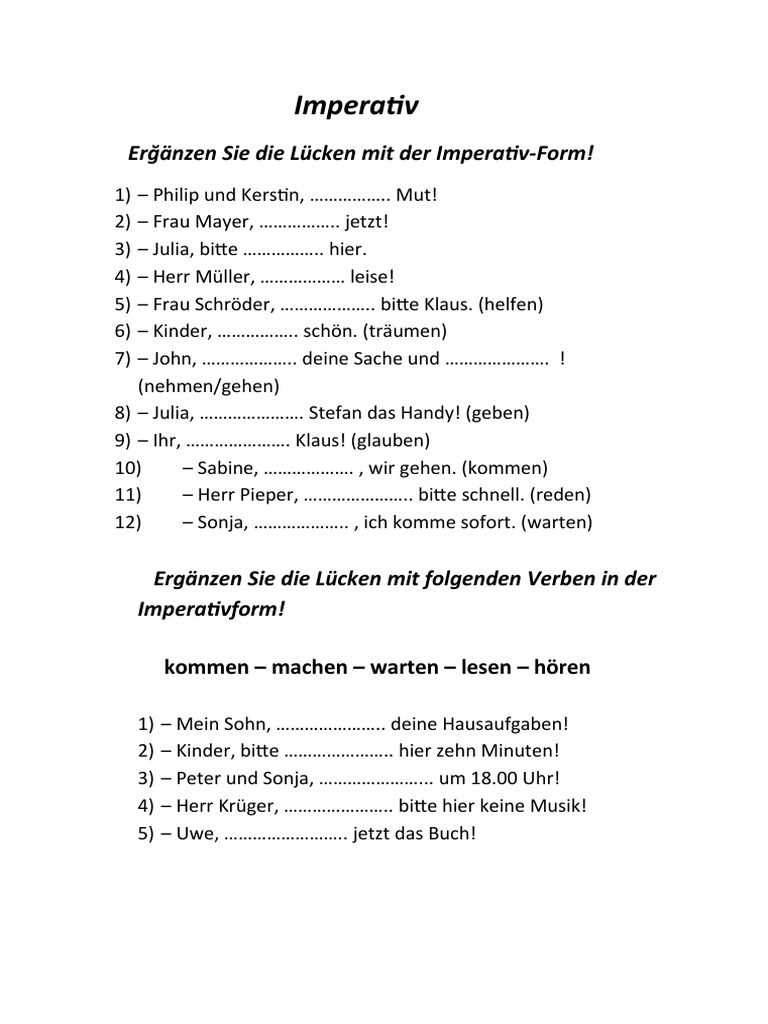 Imperativ Übungen A1 | PDF