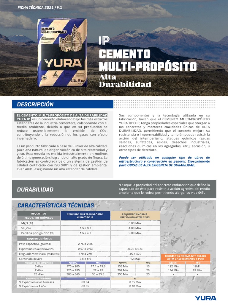 Ficha Tecnica Ip Cemento Multiproposito Yura | PDF