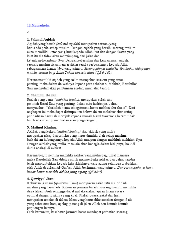 Salimul Aqidah: 10 Muwashofat | PDF
