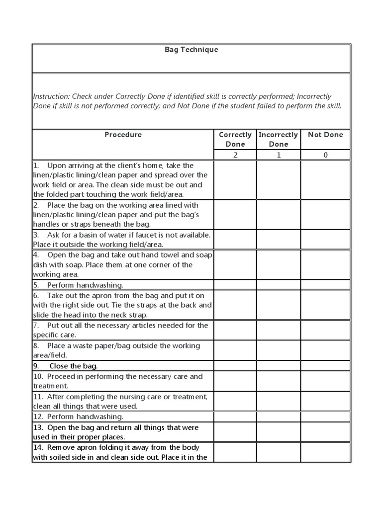 CHN Bag-Technique CHECKLIST | PDF | Hand Washing | Health Care