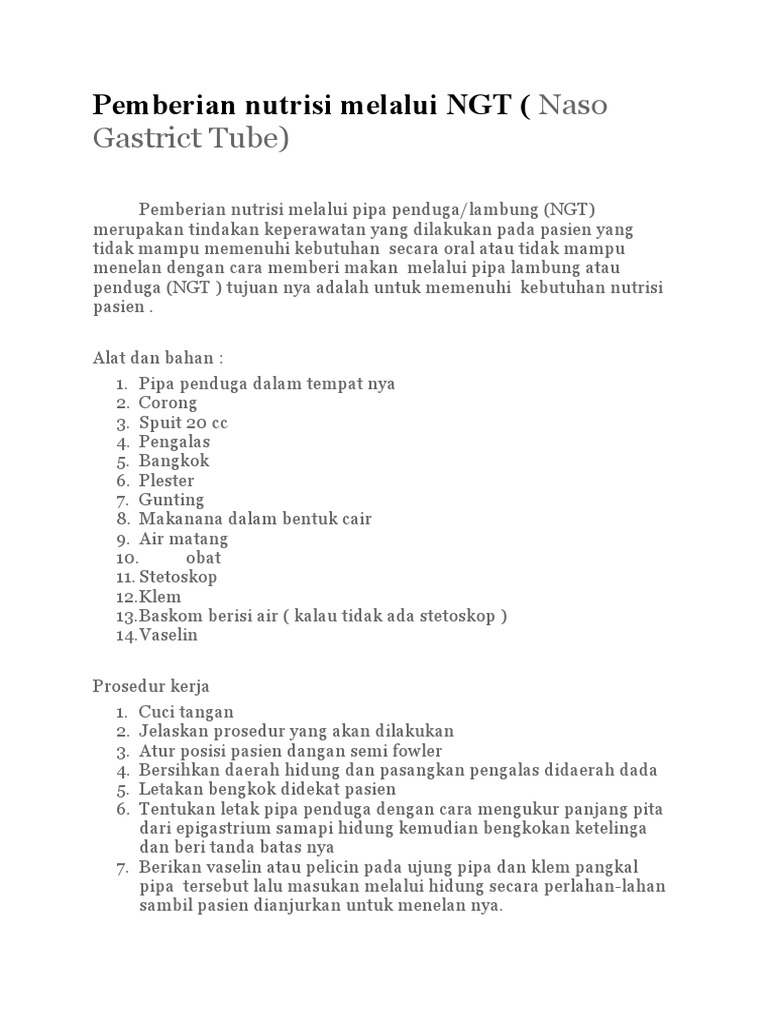 PEMBERIAN NUTRISI MELALUI NGT | PDF