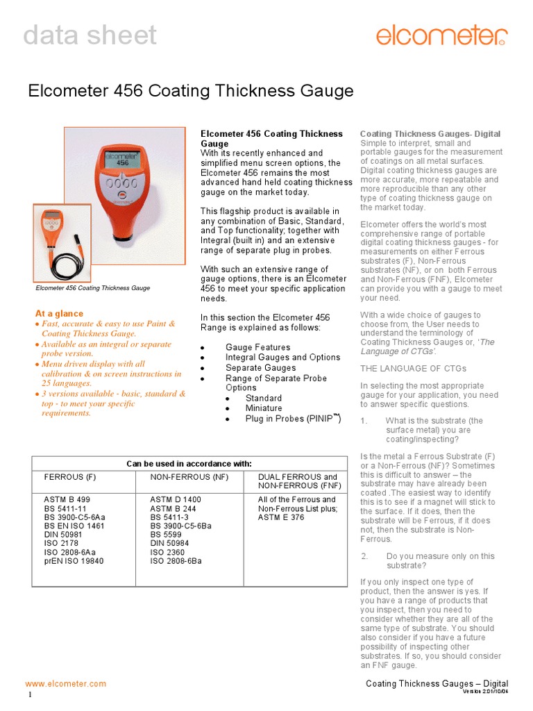 Data Sheet: Elcometer 456 Coating Thickness Gauge | PDF | Calibration ...
