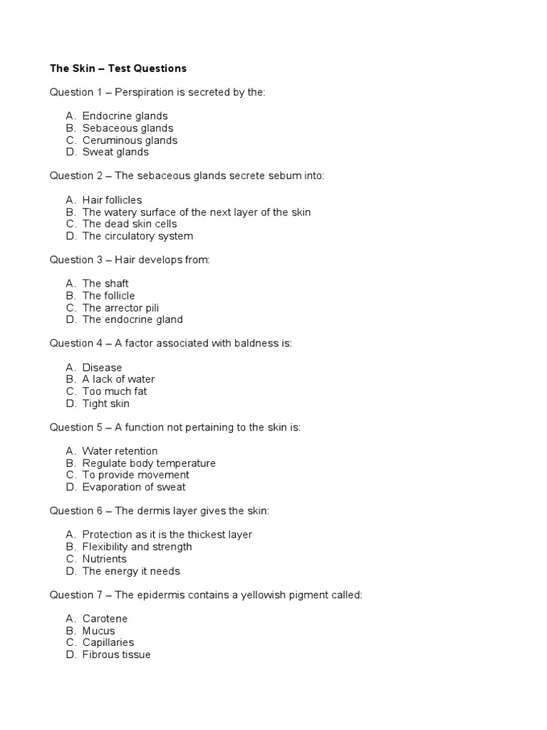 Integumentary System Test Questions | PDF | Skin | Anatomy