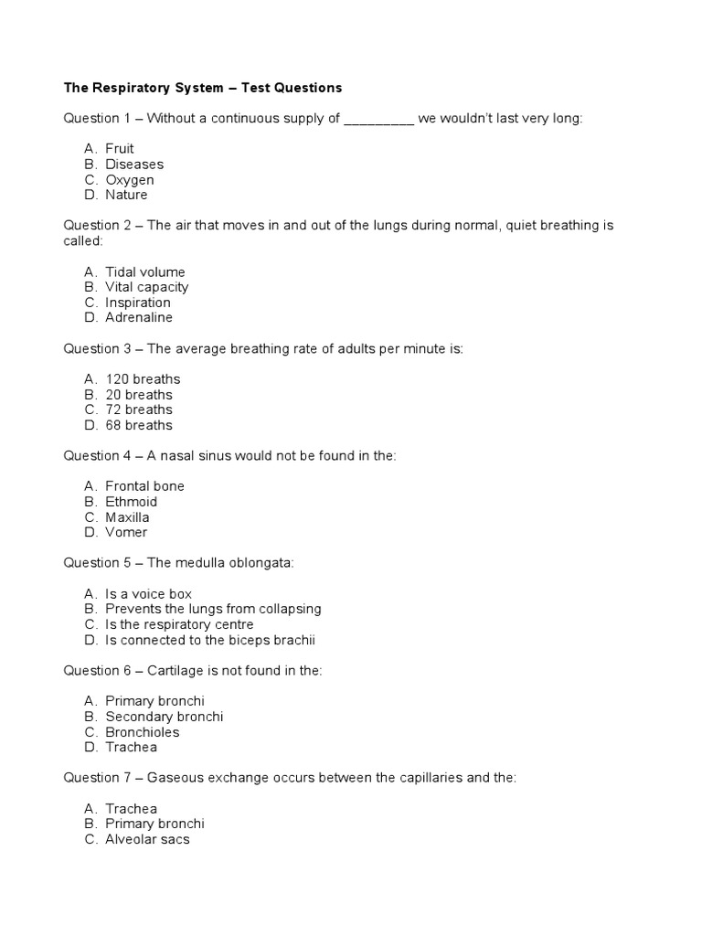 The Respiratory System - Test Questions | Download Free PDF ...