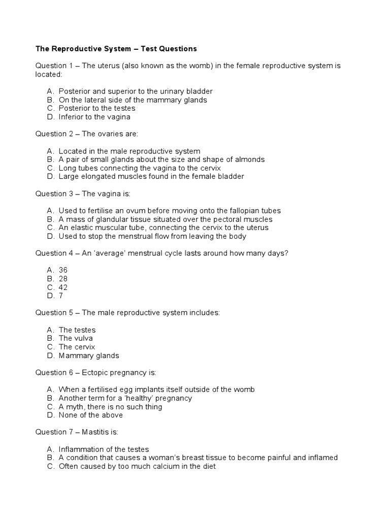 The Reproductive System - Test Questions | PDF | Uterus | Reproductive ...