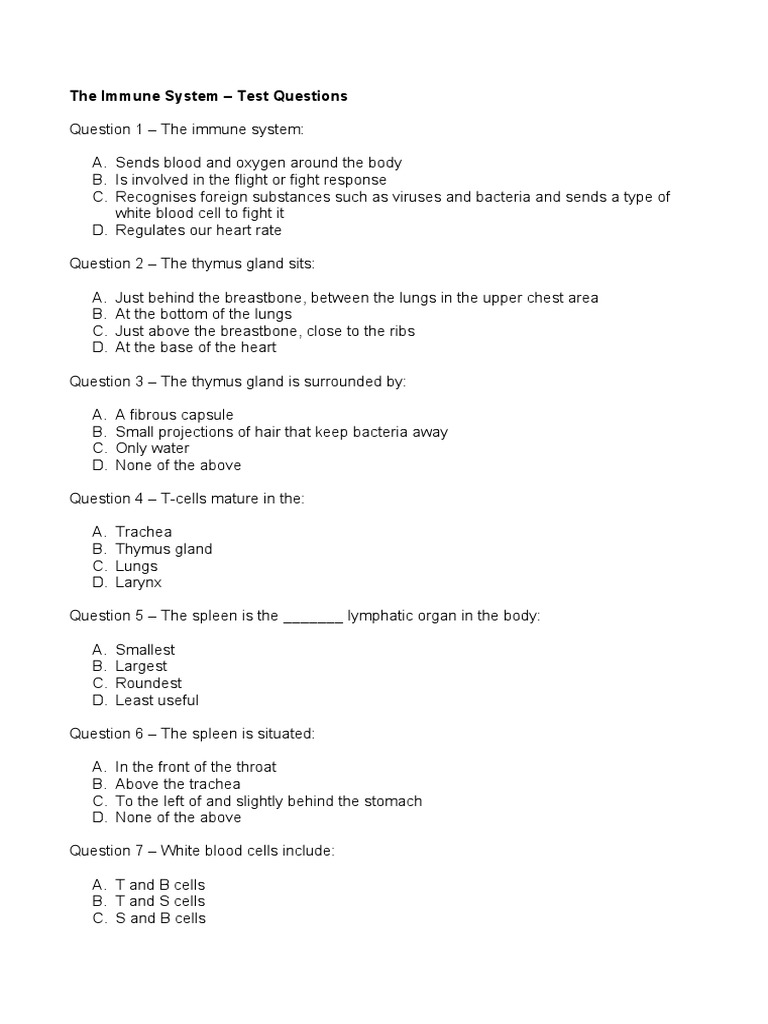 The Immune System - Test Questions | PDF | Human Body | Thymus
