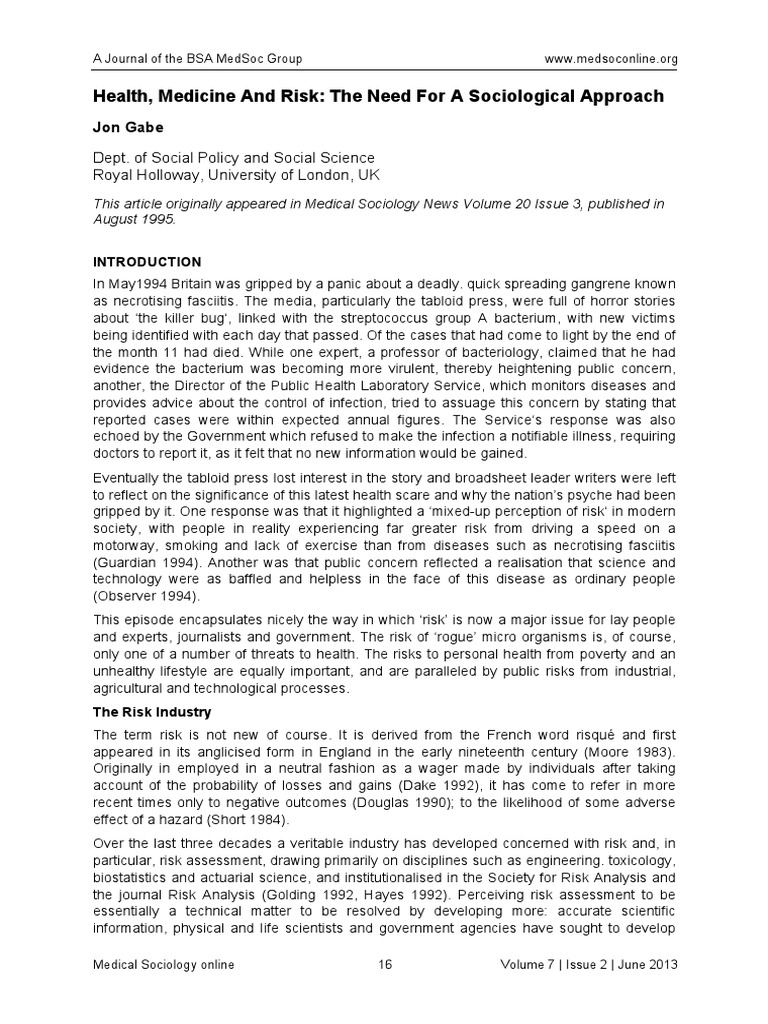 Sociological Approach to Health Risks | PDF | Risk | Sociology