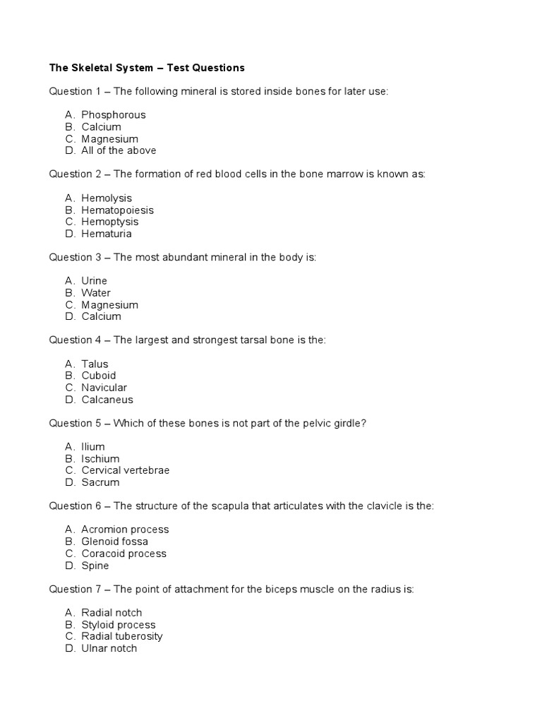 The Skeletal System - Test Questions | PDF | Skeleton | Vertebral Column