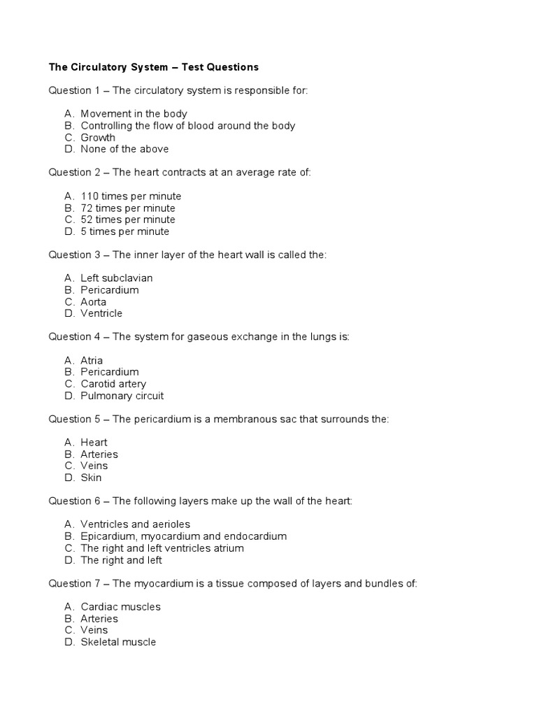 The Circulatory System - Test Questions | PDF | Heart | Heart Valve