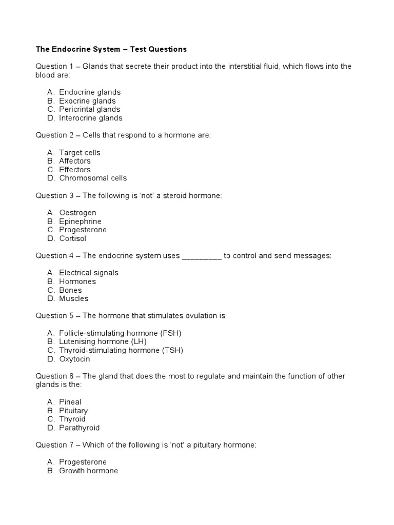 The Endocrine System - Test Questions | PDF | Endocrine System ...