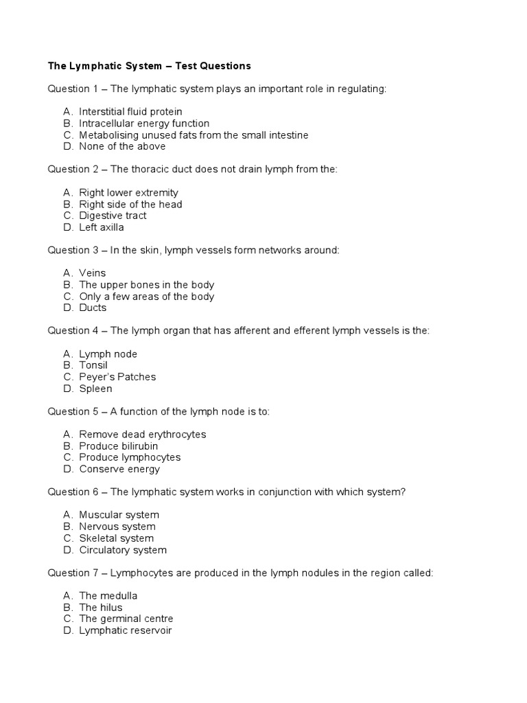 The Lymphatic System - Test Questions | PDF | Lymphatic System | Lymph Node