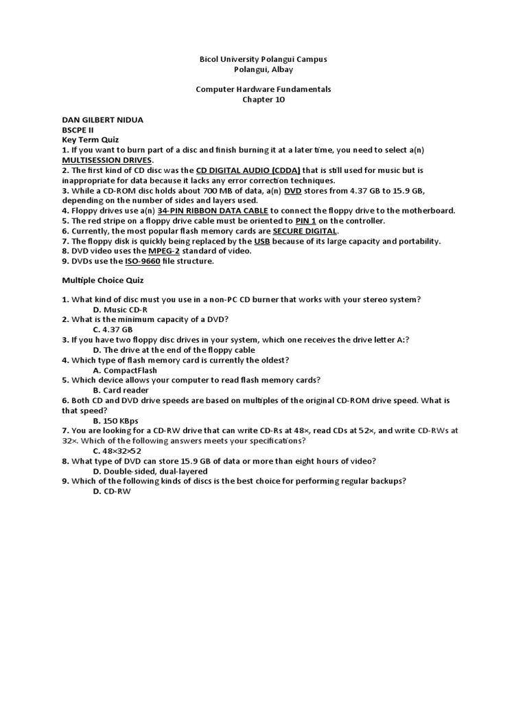 Computer Hardware Fundamentals Quiz | PDF