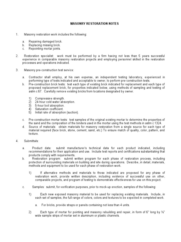 21-137 Masonry Restoration Notes | PDF | Brick | Mortar (Masonry)